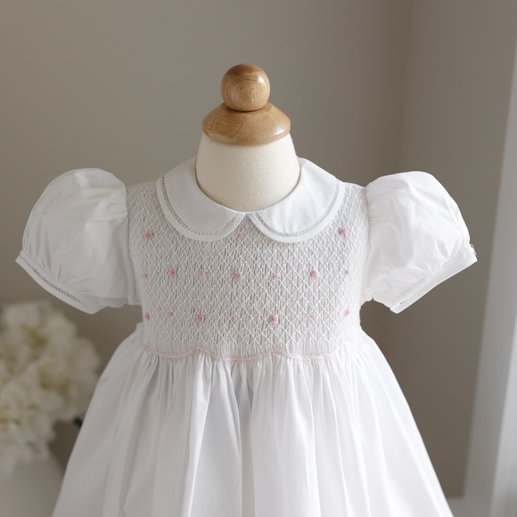 Feltman Brothers | Dresses | White Smocked Rosebud Dress Heirloom Pink ...